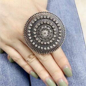 Dtja Boho Exaggerated CZ Statement Ring for Women Adjustable Bohemian Antique Mosaic Crystal Expandable Big Open Wrap Finger Rings Comfort Fit Retro Indian Style Jewelry (Silver Star)