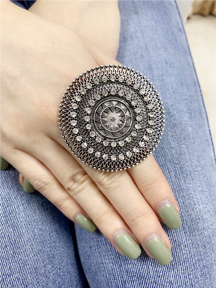 Dtja Boho Exaggerated CZ Statement Ring for Women Adjustable Bohemian Antique Mosaic Crystal Expandable Big Open Wrap Finger Rings Comfort Fit Retro Indian Style Jewelry (Silver Star)