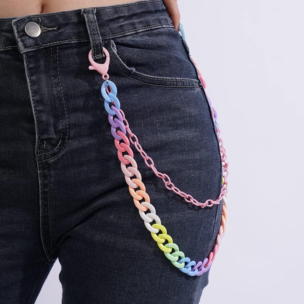 Wiwpar Colorful Acrylic Jean Chains Wallet Pocket Chains Rainbow Jean Pants Chain Keychain Body Chain for Women and Girls (Pink)