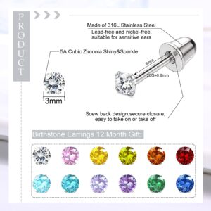 JeryWe 12 Pairs Screw Back Earrings for Women Stainless Steel Multicolored Cubic Zirconia Earrings 3mm /4mm/5mm Stud Earrings with Safety Backs Hypoallergenic Earrings