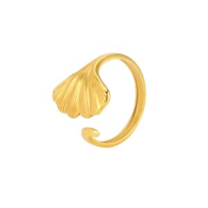 teamer stainless steel ginkgo leaf finger rings adjustable bohemian ring mother‘s day jewelry for women (gold)