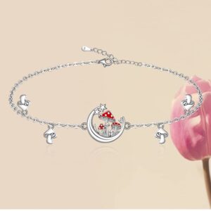 Fenthring Mushroom Bracelet Red Mushroom Moon Bracelet Sterling Silver Link Bracelets for Women Fairy Mushrooms Jewelry