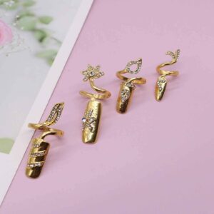 4 Pcs Opening Crystal Fingernail Ring Adjustable Rhinestone Nail Decoration Flower Finger Tip Rings Decoration Art Charm Fashion Accessories for Women Girls Gold Plated