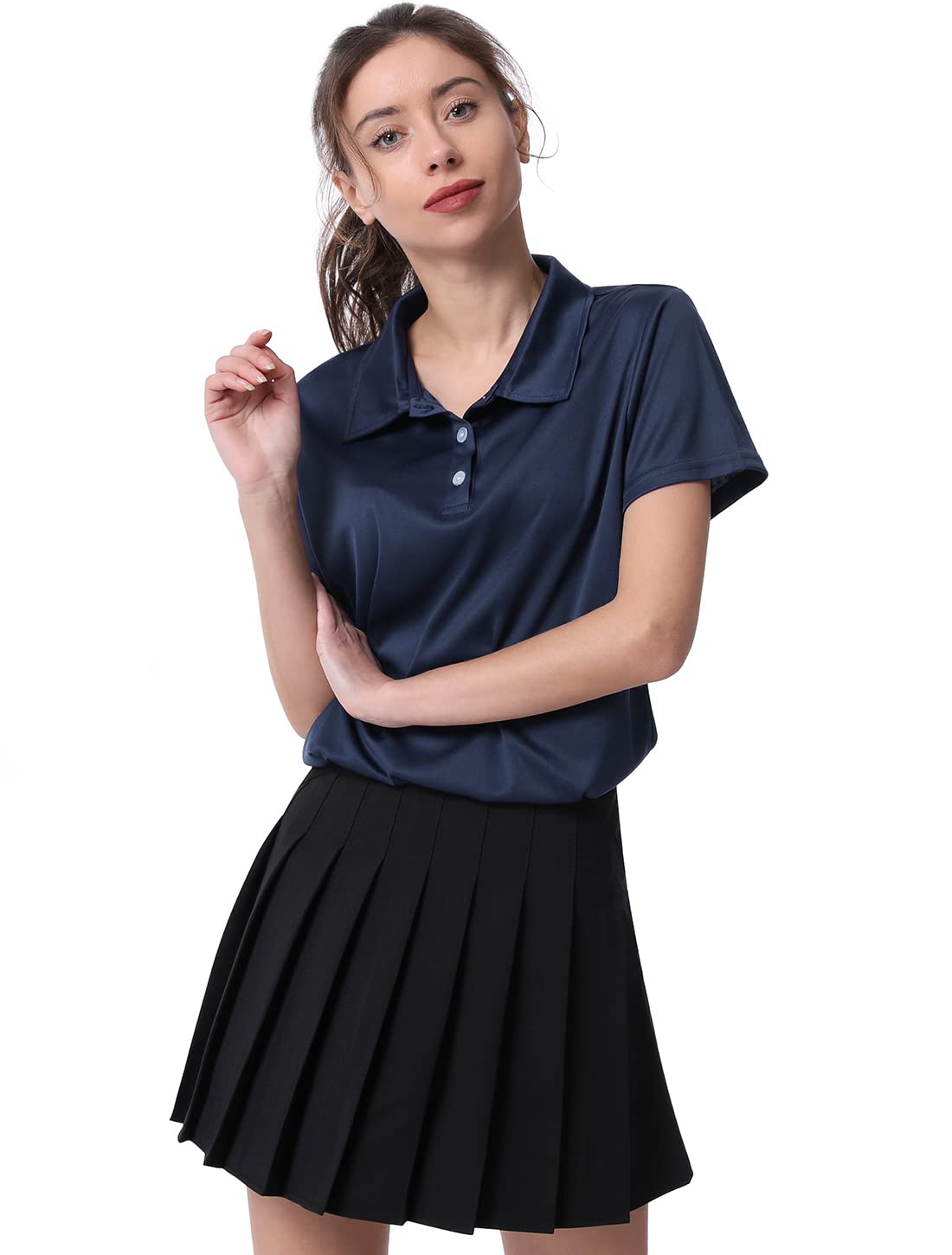 Women's Polo Tee Dry Fit Golf Shirt Moisture Wicking Short Sleeve Sport Activewear Golf Polo Tops Collar with Buttons Workout Black/White/Navy L