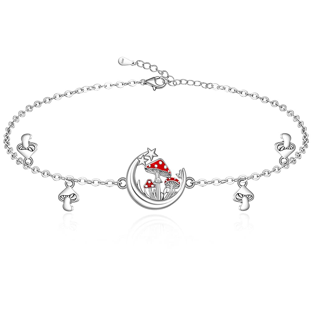 Fenthring Mushroom Bracelet Red Mushroom Moon Bracelet Sterling Silver Link Bracelets for Women Fairy Mushrooms Jewelry