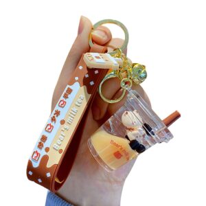 hsyhere men women creative interesting floating milk tea brown bear lucky bottle keychain keyrings. bubble tea bear moving liquid sand car key chain bag pendant decoration holder - cup.