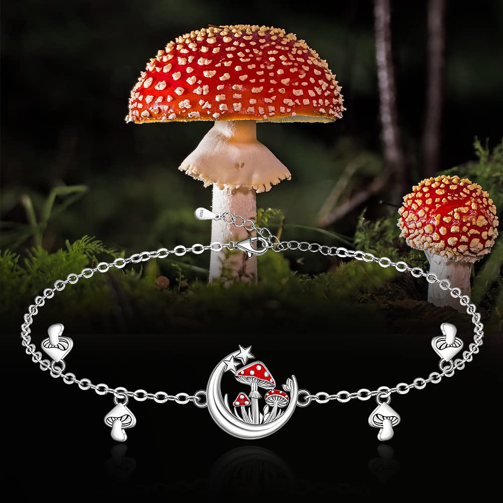 Fenthring Mushroom Bracelet Red Mushroom Moon Bracelet Sterling Silver Link Bracelets for Women Fairy Mushrooms Jewelry