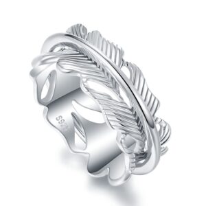 strollgirl sterling silver simple spinner ring fidget band ring spinning meditation anxiety ring (feather design, 10)