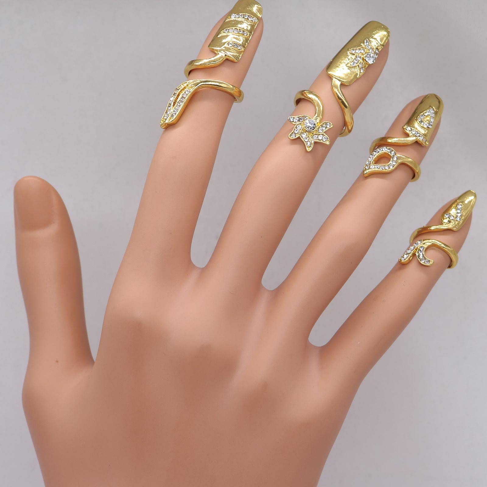 4 Pcs Opening Crystal Fingernail Ring Adjustable Rhinestone Nail Decoration Flower Finger Tip Rings Decoration Art Charm Fashion Accessories for Women Girls Gold Plated