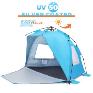 SweetBin Pop Up Beach Tent, Portable Beach Folding Sun Shade Shelter, UPF 50+ Protection, Easy Setup and Carry, Double Silver Coating with 3 Ventilation window, Large Size Perfect for Family 4 People