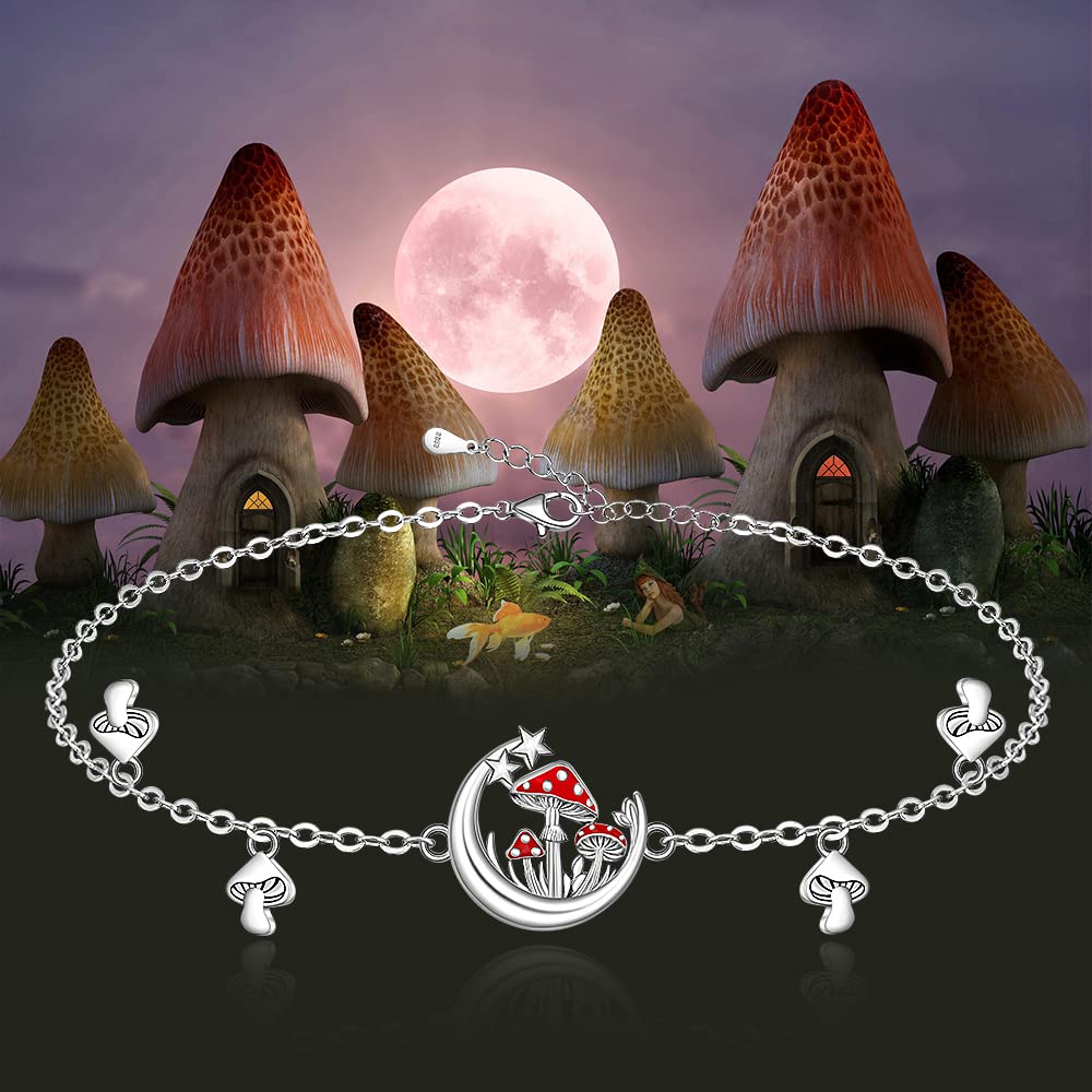 Fenthring Mushroom Bracelet Red Mushroom Moon Bracelet Sterling Silver Link Bracelets for Women Fairy Mushrooms Jewelry