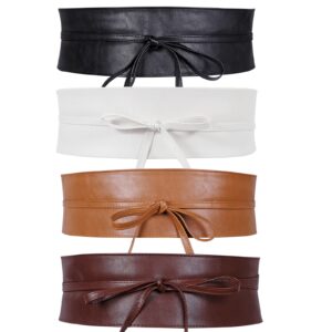 werforu 4 pack women obi belt pu leather self tie wrap wide waistband boho belt for costumes, black+white+brown+coffee, suit for waist size 39"-43"