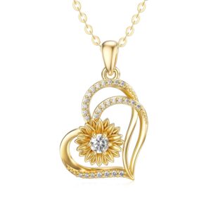 motiel sunflower necklace 14k yellow gold flower pendant necklace moissanite jewelry flame necklace-you are my sunshine- gift for women daughter wife birthday (heart sunflower)