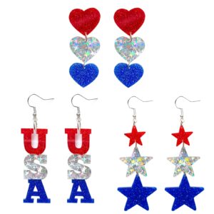 patriotic dangle drop stud earrings 4th of july glitter red white blue usa star heart american flag acrylic jewelry women her forth independence memorial day party favor gift