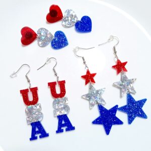 Patriotic Dangle Drop Stud Earrings 4th of July Glitter Red White Blue USA Star Heart American Flag Acrylic Jewelry Women Her Forth Independence Memorial Day Party Favor Gift