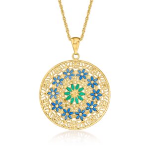 ross-simons italian blue and green enamel floral medallion pendant necklace in 18kt gold over sterling