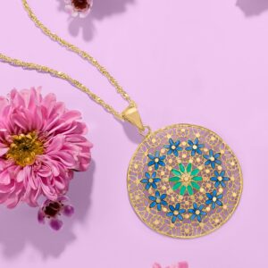 Ross-Simons Italian Blue and Green Enamel Floral Medallion Pendant Necklace in 18kt Gold Over Sterling