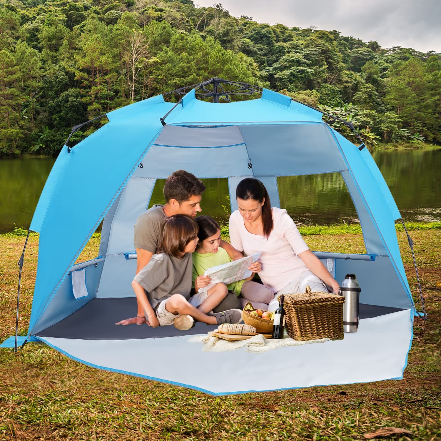 SweetBin Pop Up Beach Tent, Portable Beach Folding Sun Shade Shelter, UPF 50+ Protection, Easy Setup and Carry, Double Silver Coating with 3 Ventilation window, Large Size Perfect for Family 4 People