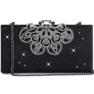 evening clutch purses for women sparkly rhinestone crystal evening handbag shoulder bag formal party wedding purse (black -glitter)