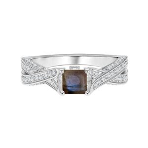 mooneye 5mm square cut labradorite gemstone ​9k white gold crossover engagement ring