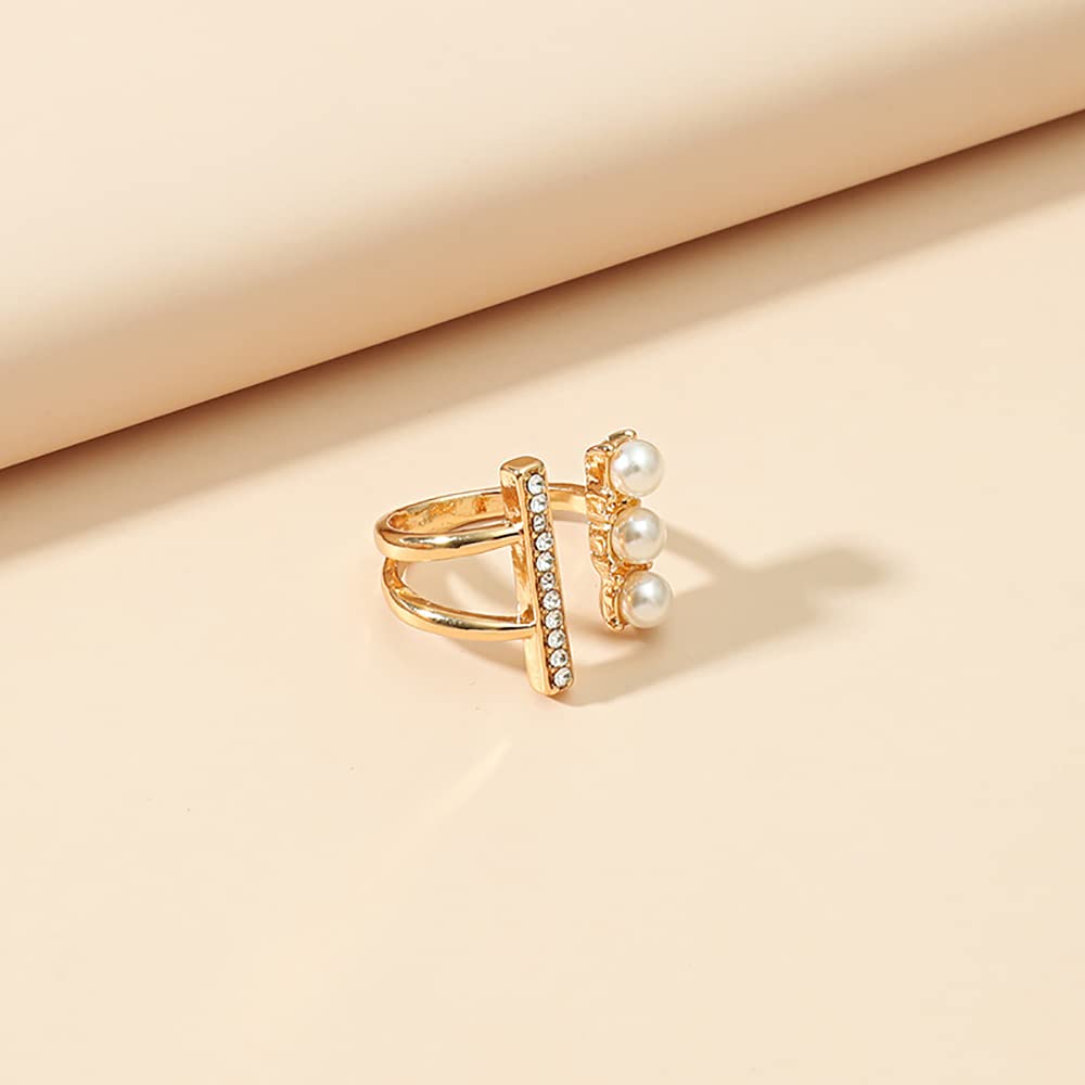 Vintage CZ Tiny Bar Pearl Open Band Ring for Women Girls Gold Plated Cubic Zirconia Statement Adjustable Expandable Shell Pearls Finger Rings Comfort Fit Dainty Wedding Anniversary Christmas Jewelry