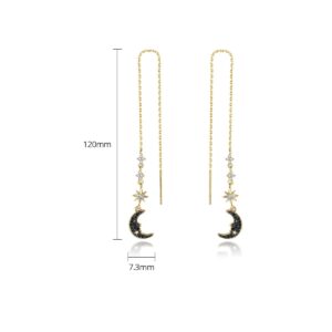 Black CZ Moon Threader Dangle Drop Earrings for Women Girls 14K Gold Plated Crystal Rhinestone Tiny Stars Ear Lines Tassel Chain Dangling Statement Earring Dainty Jewelry