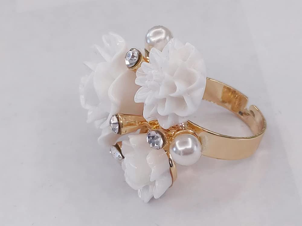 CZ Three White Flower Pearl Open Band Ring for Women Girls Gold Plated Cubic Zirconia Imitation Pearls Resin Rose Flowers Statement Adjustable Expandable Finger Rings Comfort Fit Christmas Jewelry