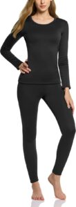 tsla women's thermal underwear set, soft fleece lined long johns, winter warm base layer top & bottom, heavyweight black, medium