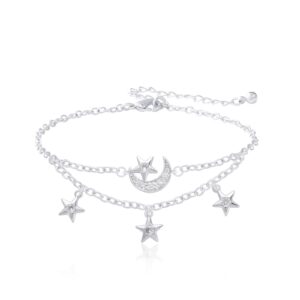 mesovor dainty moon star link bracelet, 16k gold plated adjustable link chain | sparkling zirconia bracelet for women (silver)