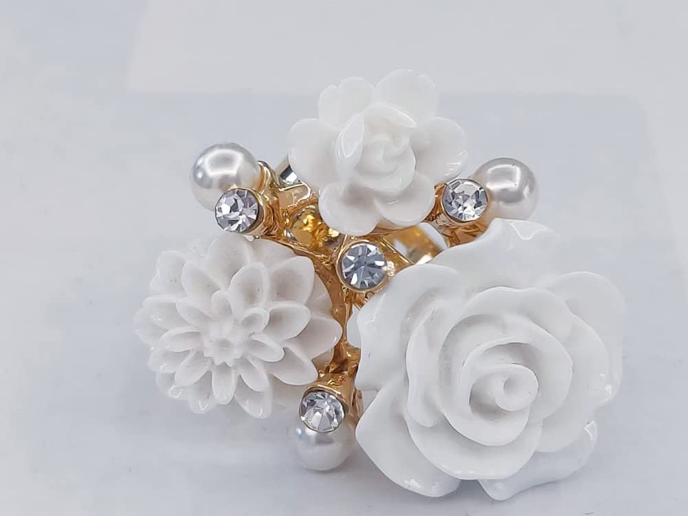 CZ Three White Flower Pearl Open Band Ring for Women Girls Gold Plated Cubic Zirconia Imitation Pearls Resin Rose Flowers Statement Adjustable Expandable Finger Rings Comfort Fit Christmas Jewelry