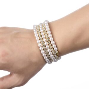 Kicomvi Imitition Pearl Stretch Bracelet Multilayer Crystals Pearl Elastic Bangle for Women Wedding Jewelry 1920s Costume-A gold