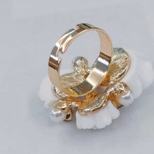 CZ Three White Flower Pearl Open Band Ring for Women Girls Gold Plated Cubic Zirconia Imitation Pearls Resin Rose Flowers Statement Adjustable Expandable Finger Rings Comfort Fit Christmas Jewelry