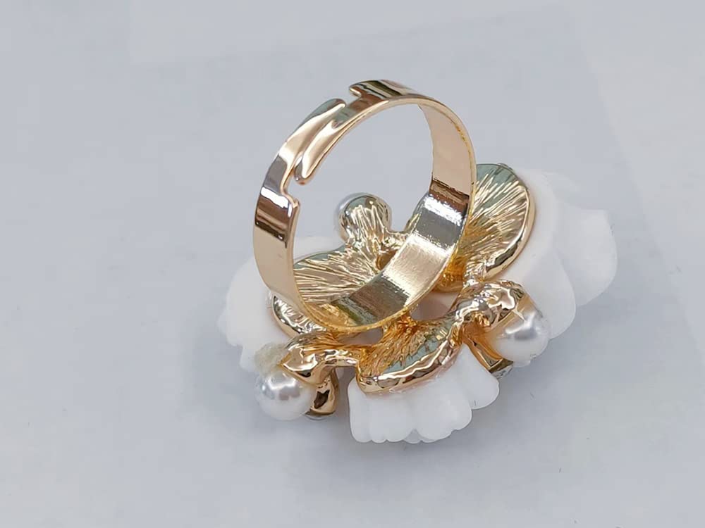 CZ Three White Flower Pearl Open Band Ring for Women Girls Gold Plated Cubic Zirconia Imitation Pearls Resin Rose Flowers Statement Adjustable Expandable Finger Rings Comfort Fit Christmas Jewelry