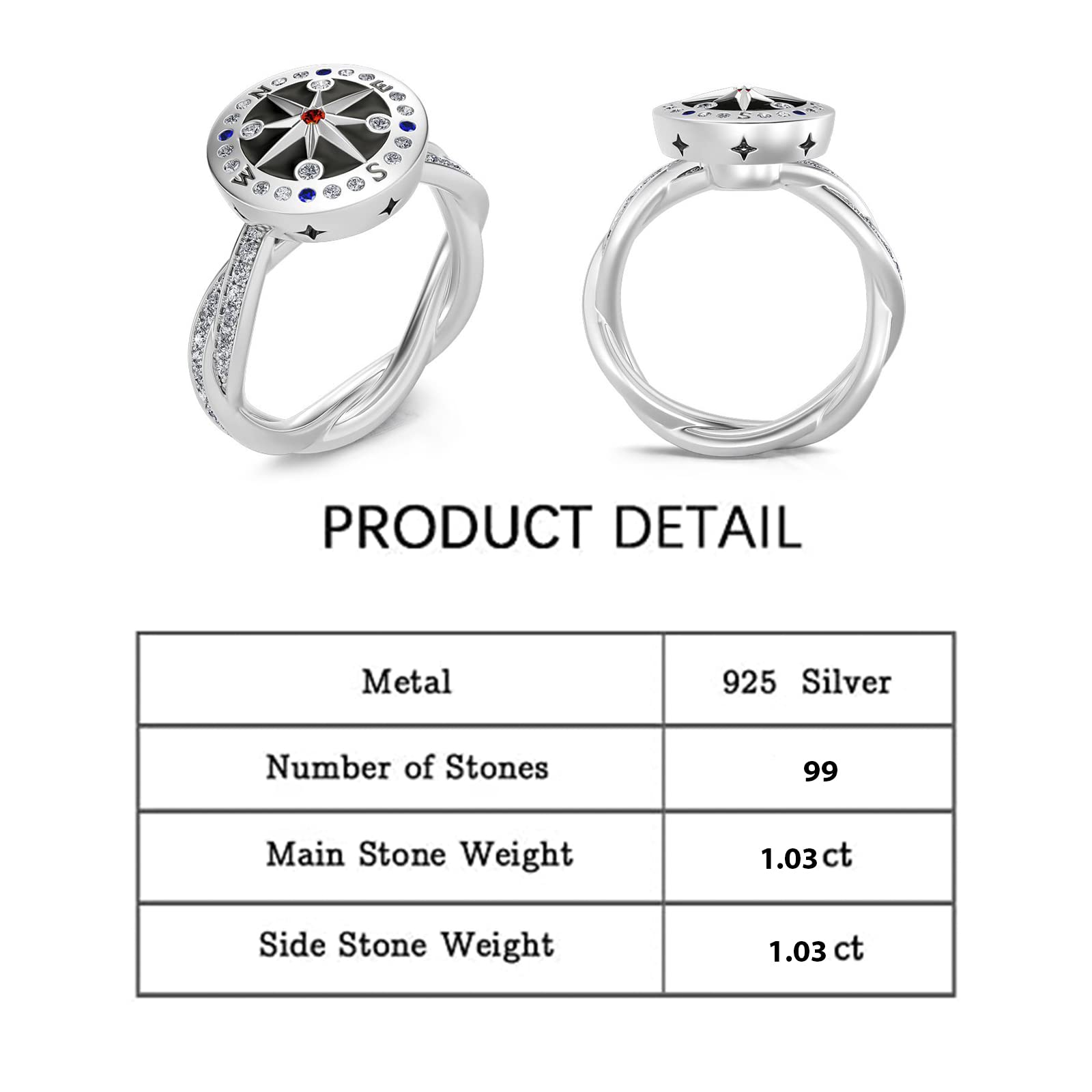 Jeulia Sterling Silver Rotating Ring Compass for Women Men Diamond Solitaire Engagement Ring Romantic Anniversary Engagement Jewelry Gifts (Life's Journey, 10)