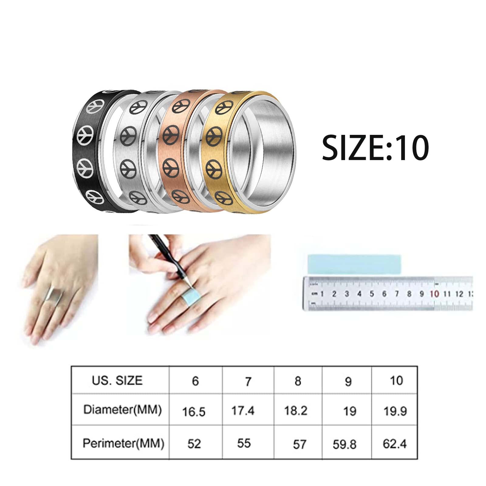 4PCS Stainless Steel Peace Sign Ring for Women Rotatable Anxiety Pressure Relief Ring for Men, other, other