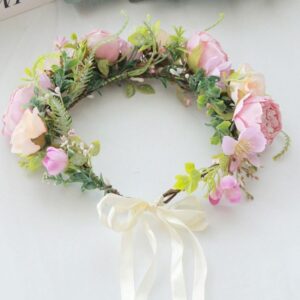 DreamLily Girls Camellias Flower Crown Birthday Photo Pops Hair Wreath Wedding Festival Floral Headpiece XM11 (A-Blush)