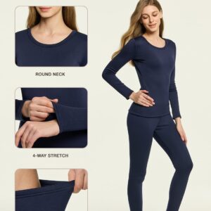 TSLA Women's Thermal Underwear Set, Soft Fleece Lined Long Johns, Winter Warm Base Layer Top & Bottom, Heavyweight Dark Navy, Medium