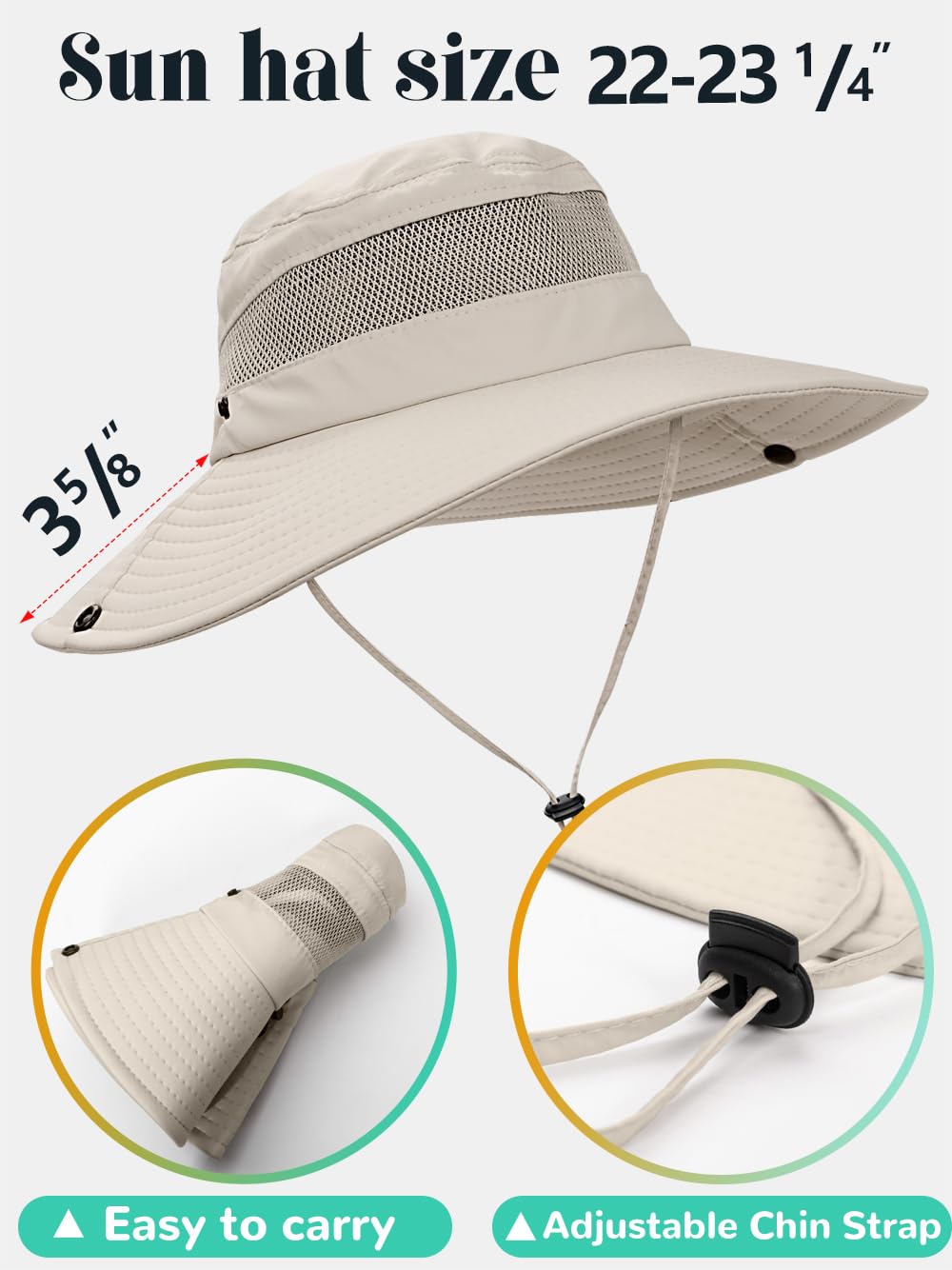 Sun Hat with Ponytail Hole for Women,Sun UV Protection UPF50+ Waterproof Beach Bucket Safari Hiking Hat for Women Beige