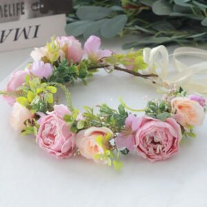 DreamLily Girls Camellias Flower Crown Birthday Photo Pops Hair Wreath Wedding Festival Floral Headpiece XM11 (A-Blush)