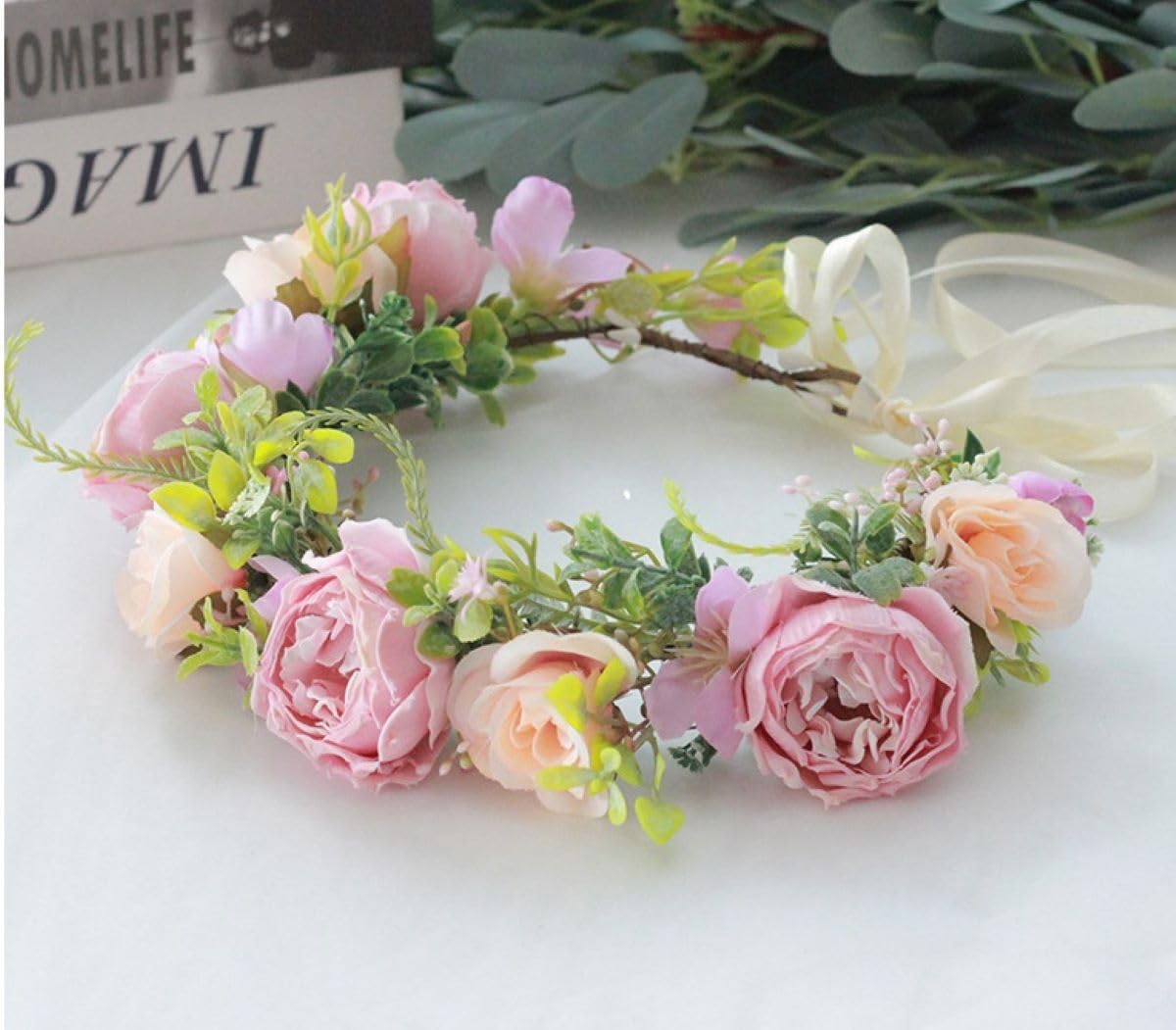 DreamLily Girls Camellias Flower Crown Birthday Photo Pops Hair Wreath Wedding Festival Floral Headpiece XM11 (A-Blush)