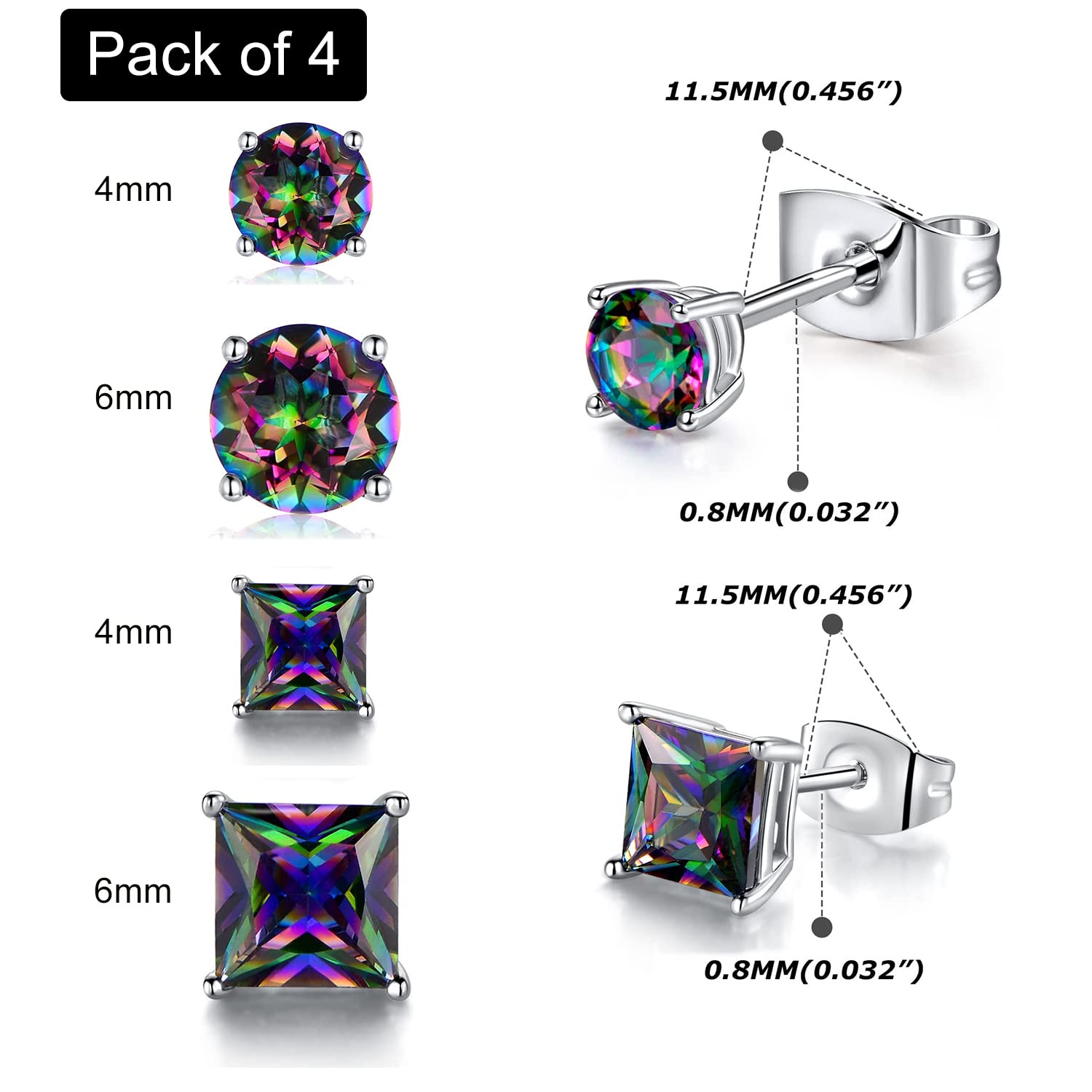 4 Pairs Multiple Earrings Set for Women Men 4/6mm Round and Square Rainbow CZ 18K White Gold Plated Ear Piercing Studs Hypoallergenic Jewelry Gift