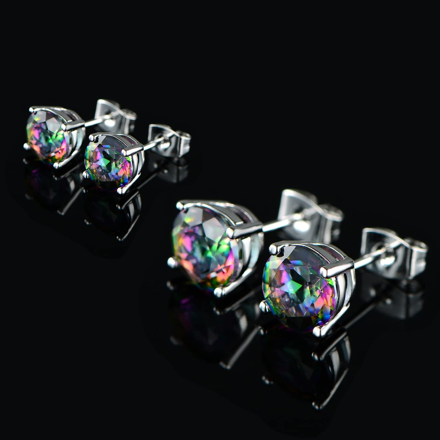 4 Pairs Multiple Earrings Set for Women Men 4/6mm Round and Square Rainbow CZ 18K White Gold Plated Ear Piercing Studs Hypoallergenic Jewelry Gift