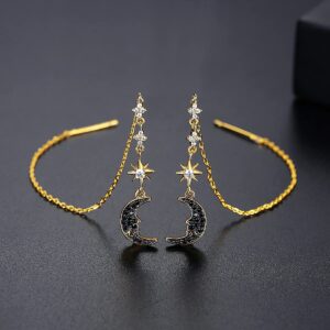 Black CZ Moon Threader Dangle Drop Earrings for Women Girls 14K Gold Plated Crystal Rhinestone Tiny Stars Ear Lines Tassel Chain Dangling Statement Earring Dainty Jewelry