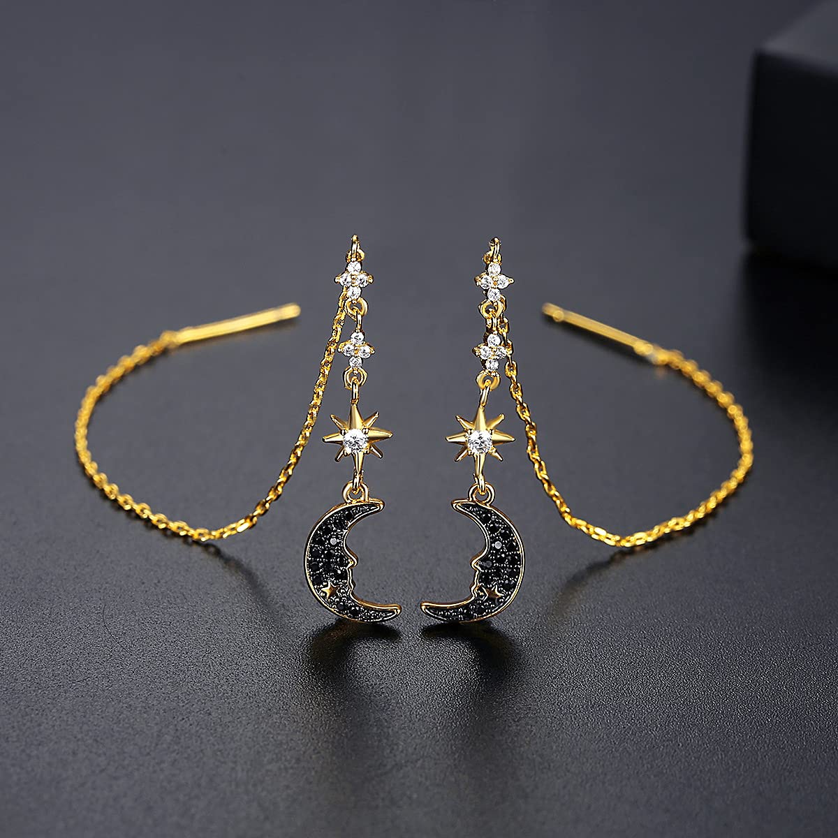 Black CZ Moon Threader Dangle Drop Earrings for Women Girls 14K Gold Plated Crystal Rhinestone Tiny Stars Ear Lines Tassel Chain Dangling Statement Earring Dainty Jewelry