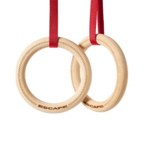 escape climbing rings | rock climbing training rings | wood strength training | gymnastic rings set with 15’ adjustable straps| great for gyms