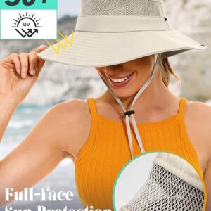 Sun Hat with Ponytail Hole for Women,Sun UV Protection UPF50+ Waterproof Beach Bucket Safari Hiking Hat for Women Beige