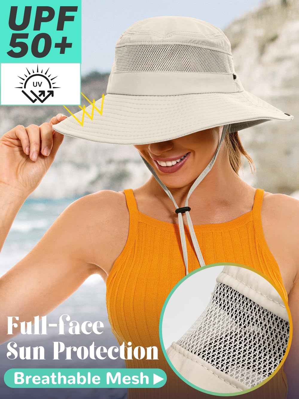 Sun Hat with Ponytail Hole for Women,Sun UV Protection UPF50+ Waterproof Beach Bucket Safari Hiking Hat for Women Beige