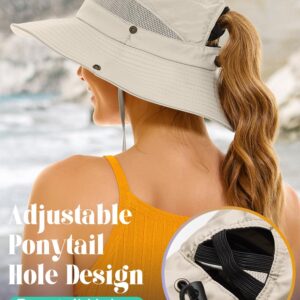 Sun Hat with Ponytail Hole for Women,Sun UV Protection UPF50+ Waterproof Beach Bucket Safari Hiking Hat for Women Beige