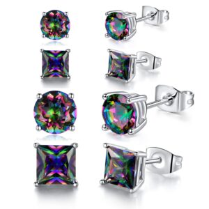 4 pairs multiple earrings set for women men 4/6mm round and square rainbow cz 18k white gold plated ear piercing studs hypoallergenic jewelry gift