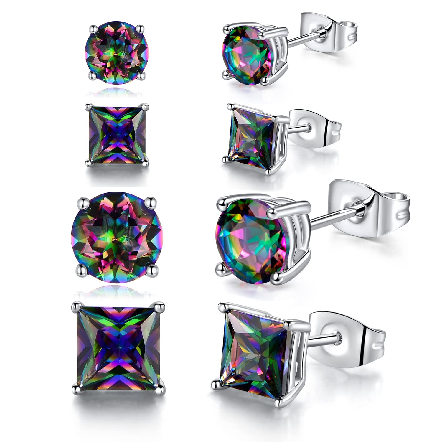 4 Pairs Multiple Earrings Set for Women Men 4/6mm Round and Square Rainbow CZ 18K White Gold Plated Ear Piercing Studs Hypoallergenic Jewelry Gift